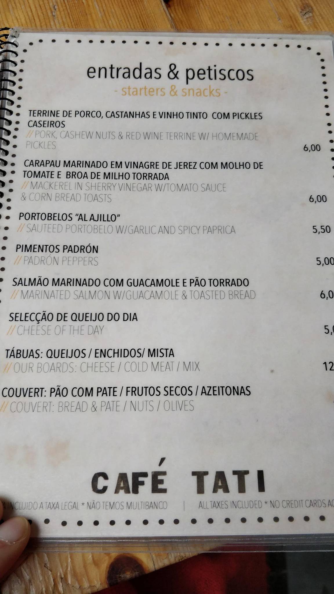 Menu at Café Tati, Lisbon, R. Ribeira Nova 36