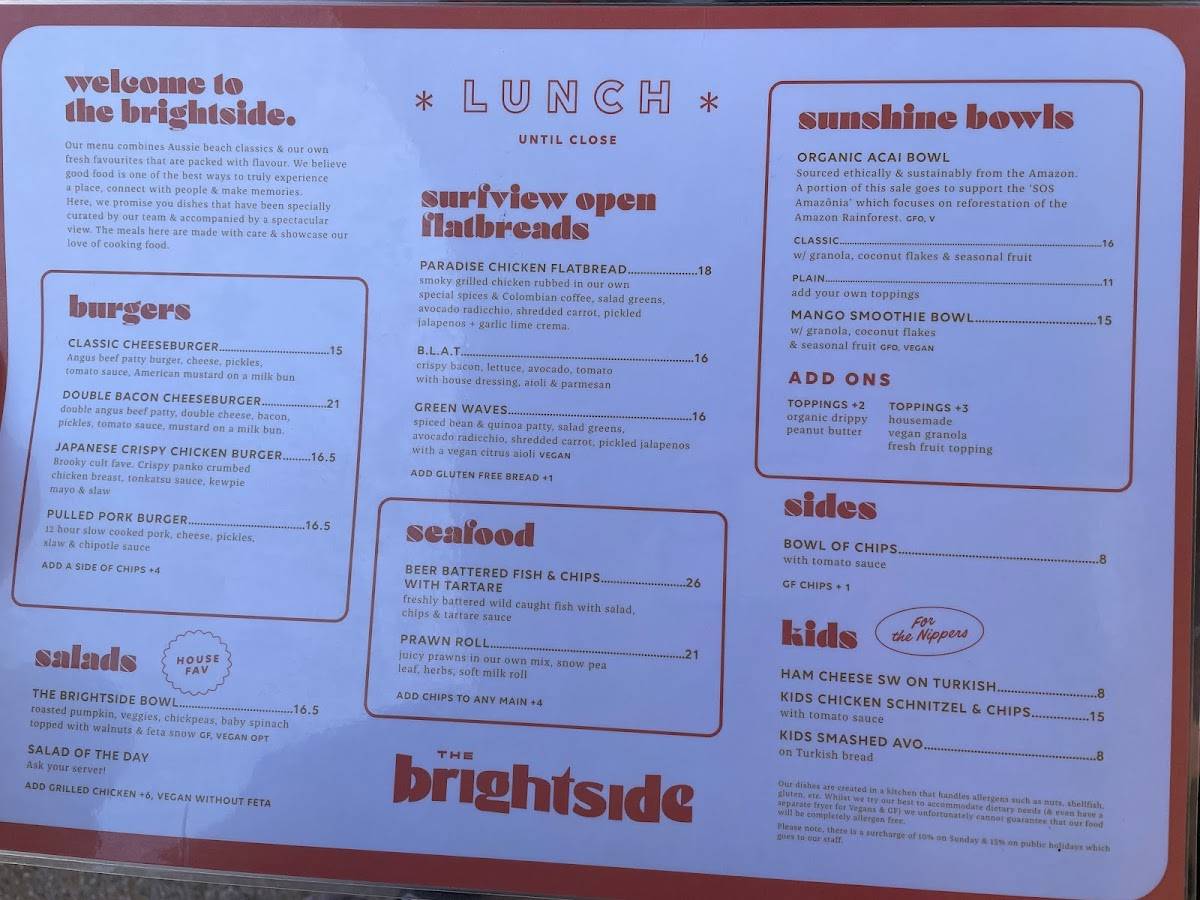 Menu at The Brightside Cafe, Mona Vale