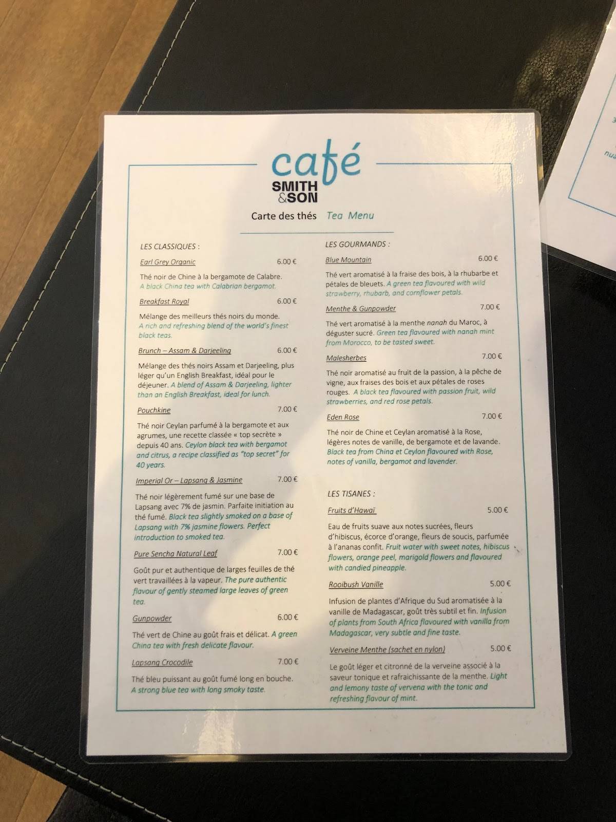 Menu au Smith & Son Café, Paris