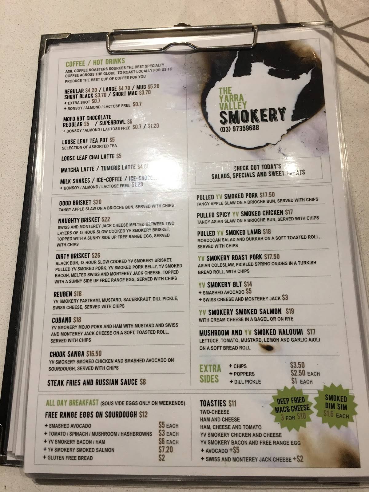 Menu at Yarra Valley Smokery cafe, Lilydale