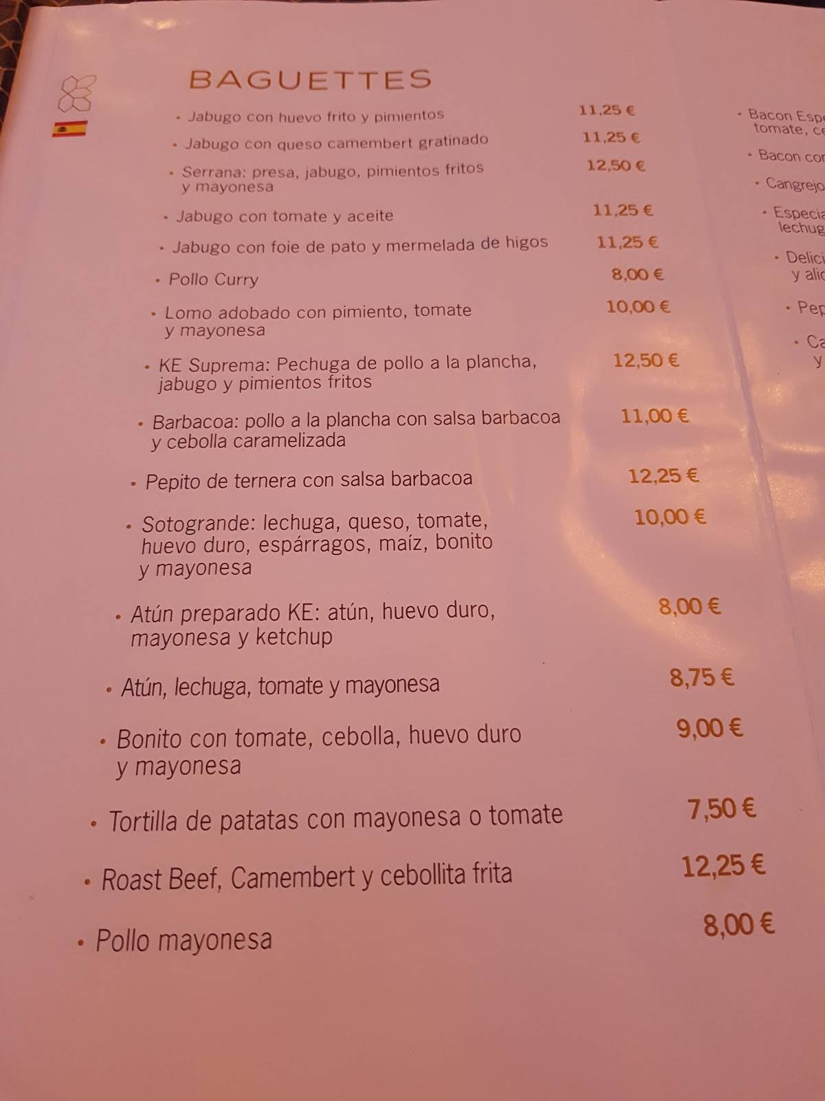 Carta del pub y bar KE Sotogrande, Torreguadiaro