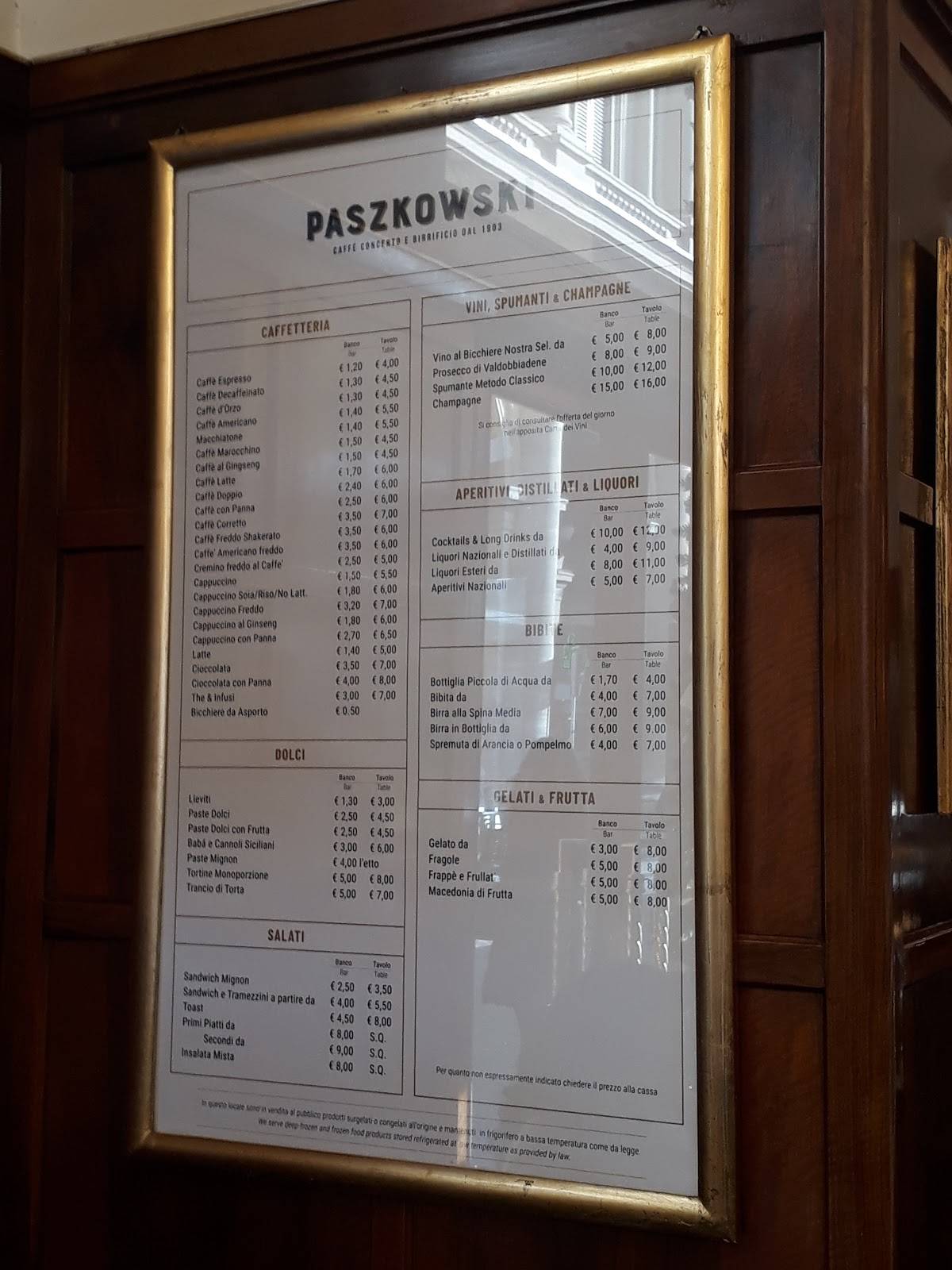 Menu at Caffe Concerto Paszkowski cafe, Florence