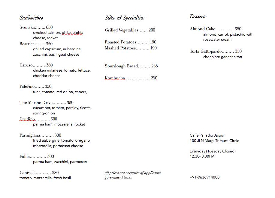 Menu at Caffé Palladio Jaipur, Jaipur