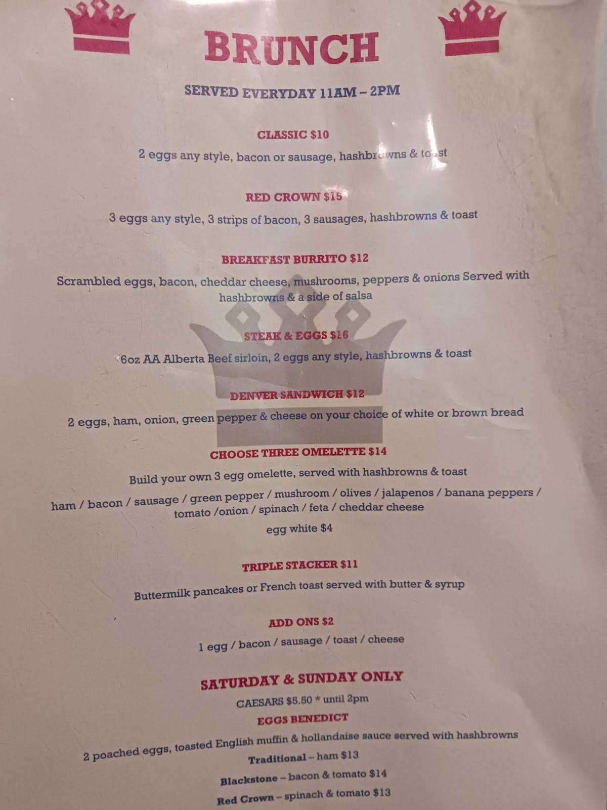 Menu at Red Crowns Pub, Calgary, 523 Woodpark Blvd SW #20