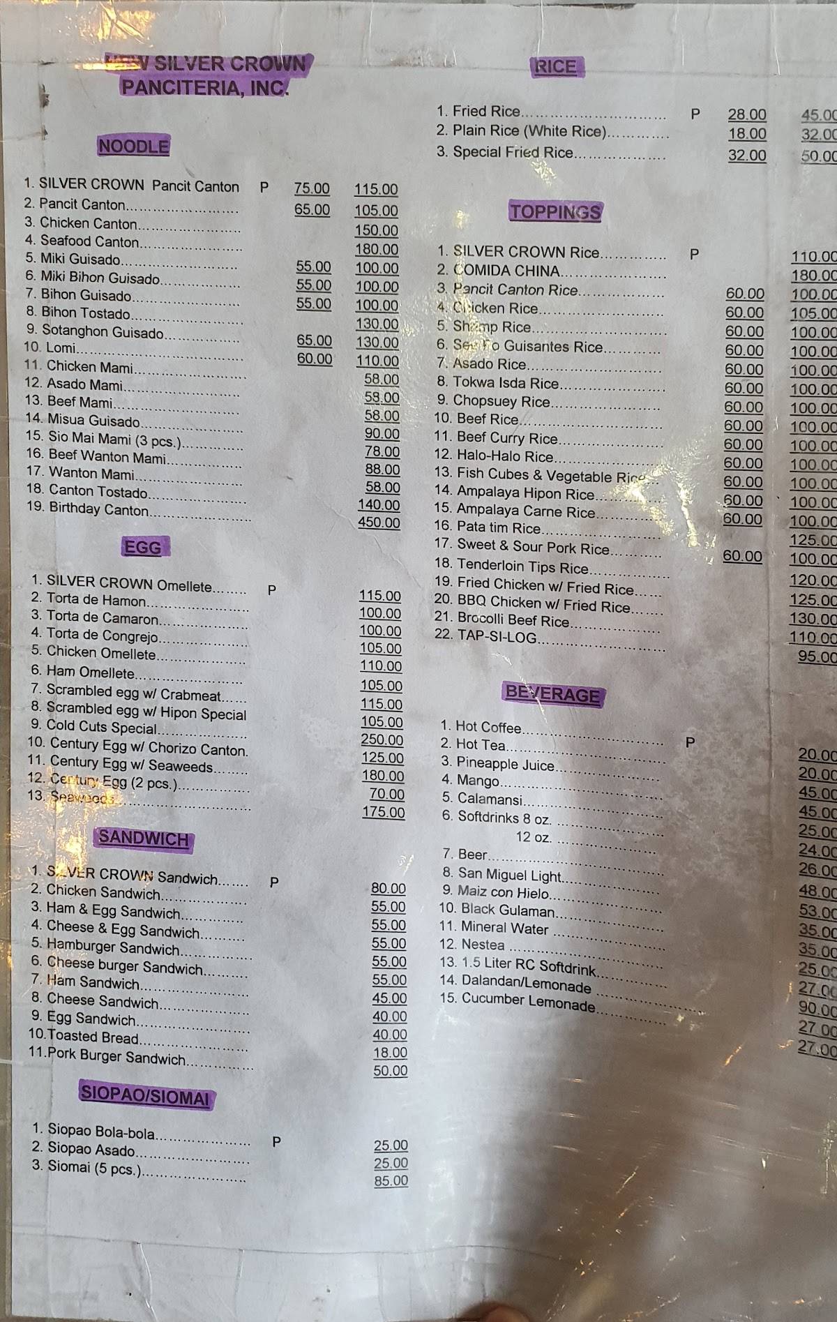 Menu at New Silver Crown Panciteria, Inc. restaurant, Caloocan