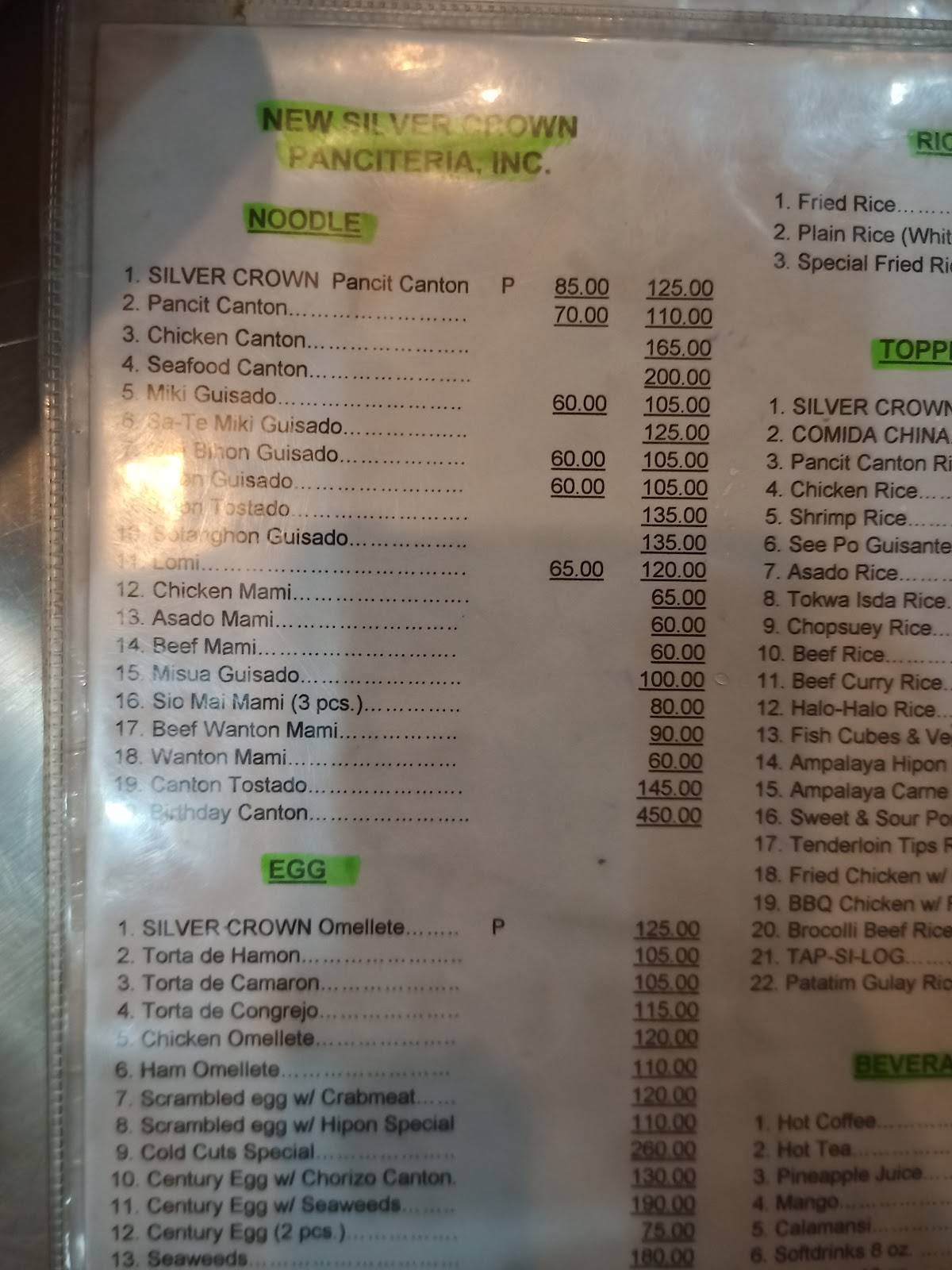 Menu at New Silver Crown Panciteria, Inc. restaurant, Caloocan