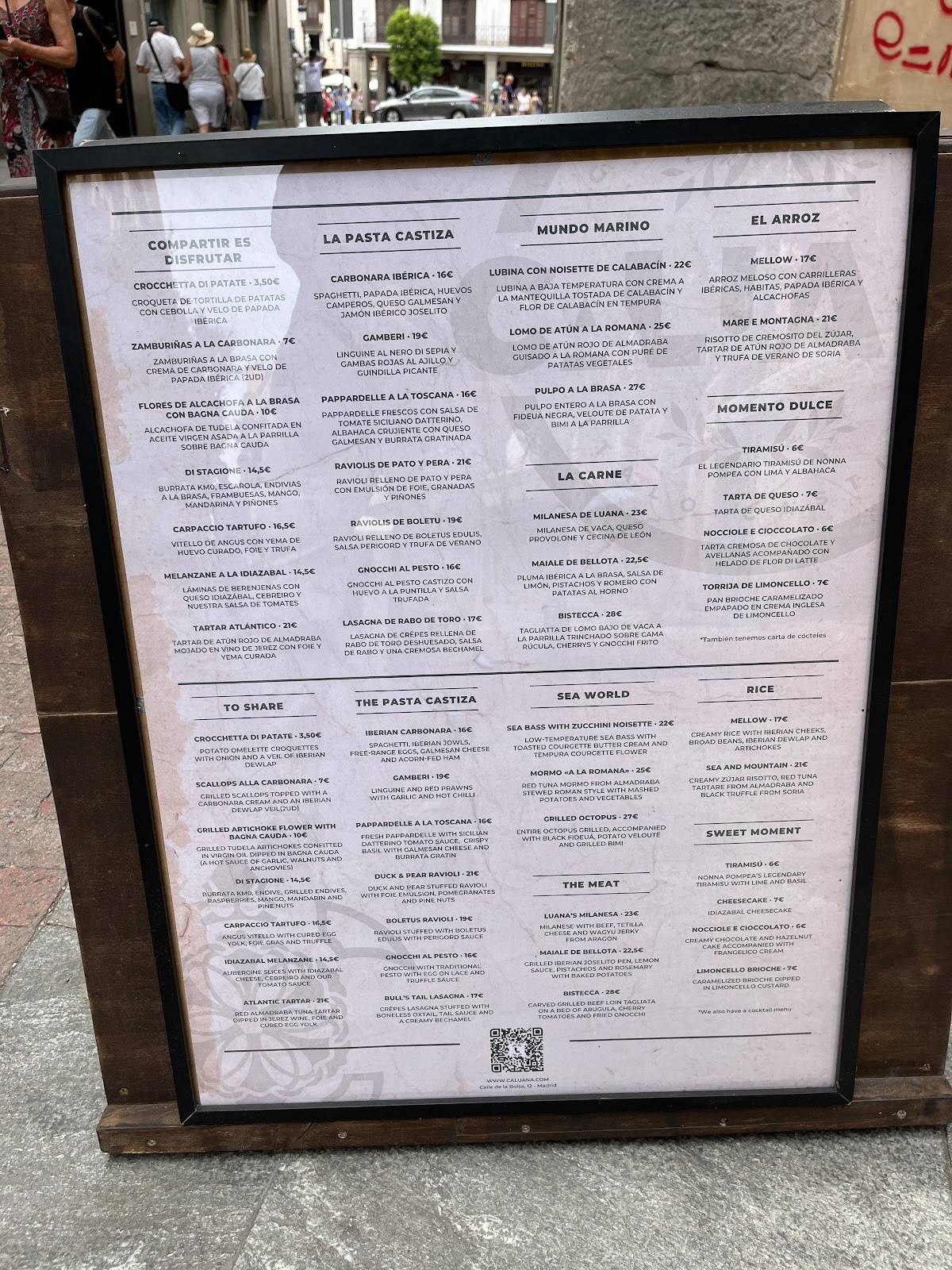 Carta del restaurante Caluana, Madrid