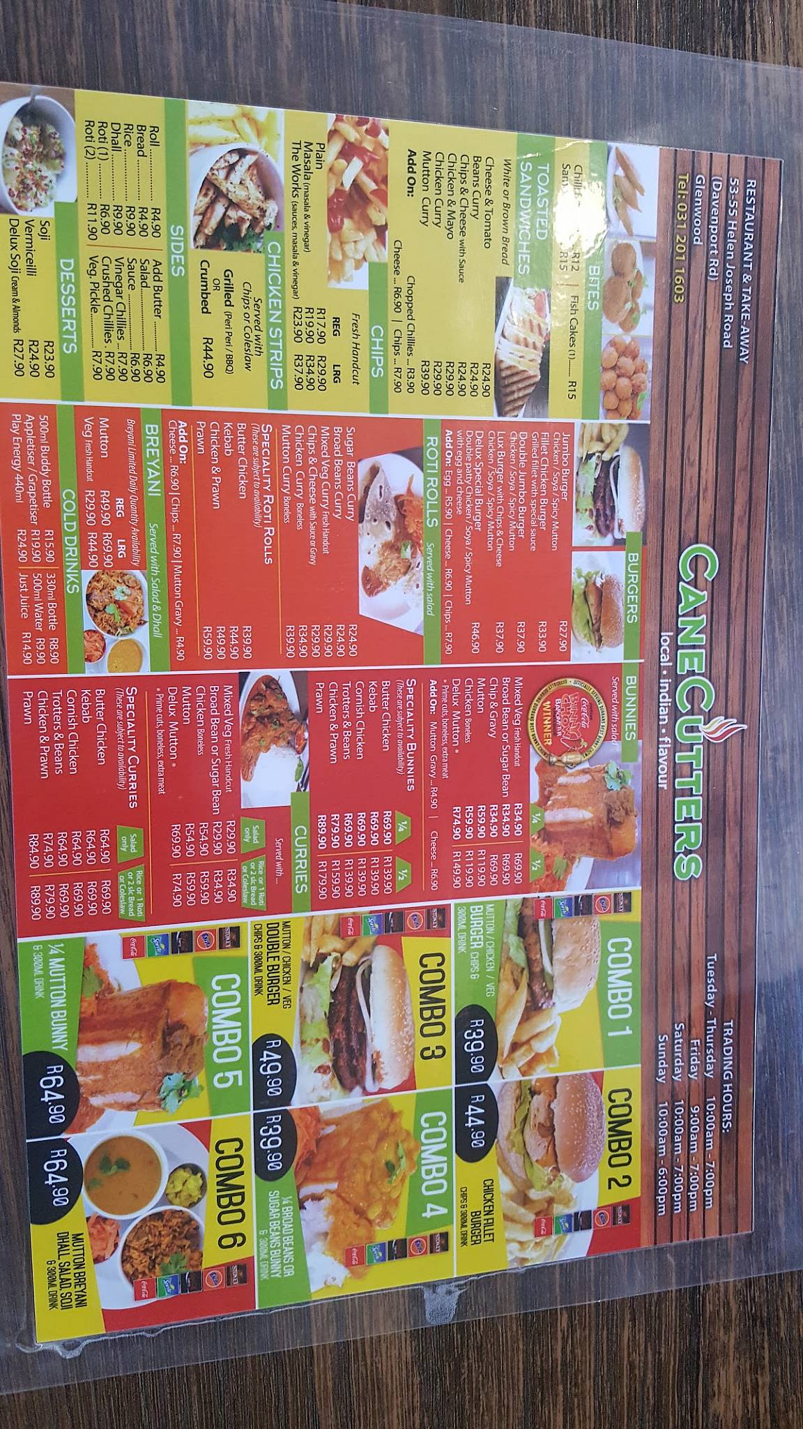 Menu at Canecutters Restaurant, Durban, 53-55 Helen Joseph Rd