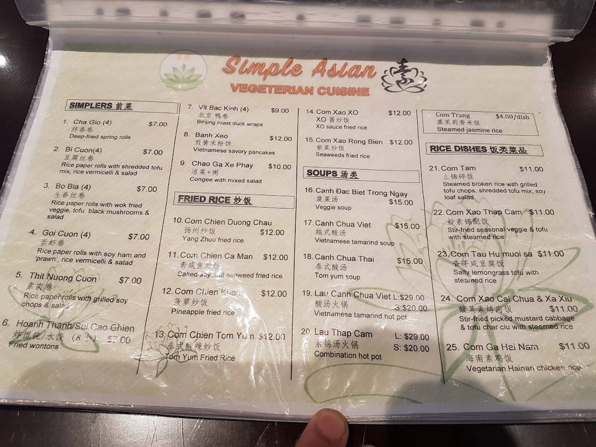 Menu at Simple Asian Vegetarian Cuisine restaurant, Canley Heights
