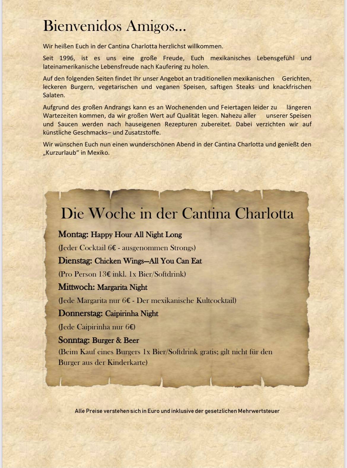 Speisekarte von Cantina Charlotta restaurant, Kaufering