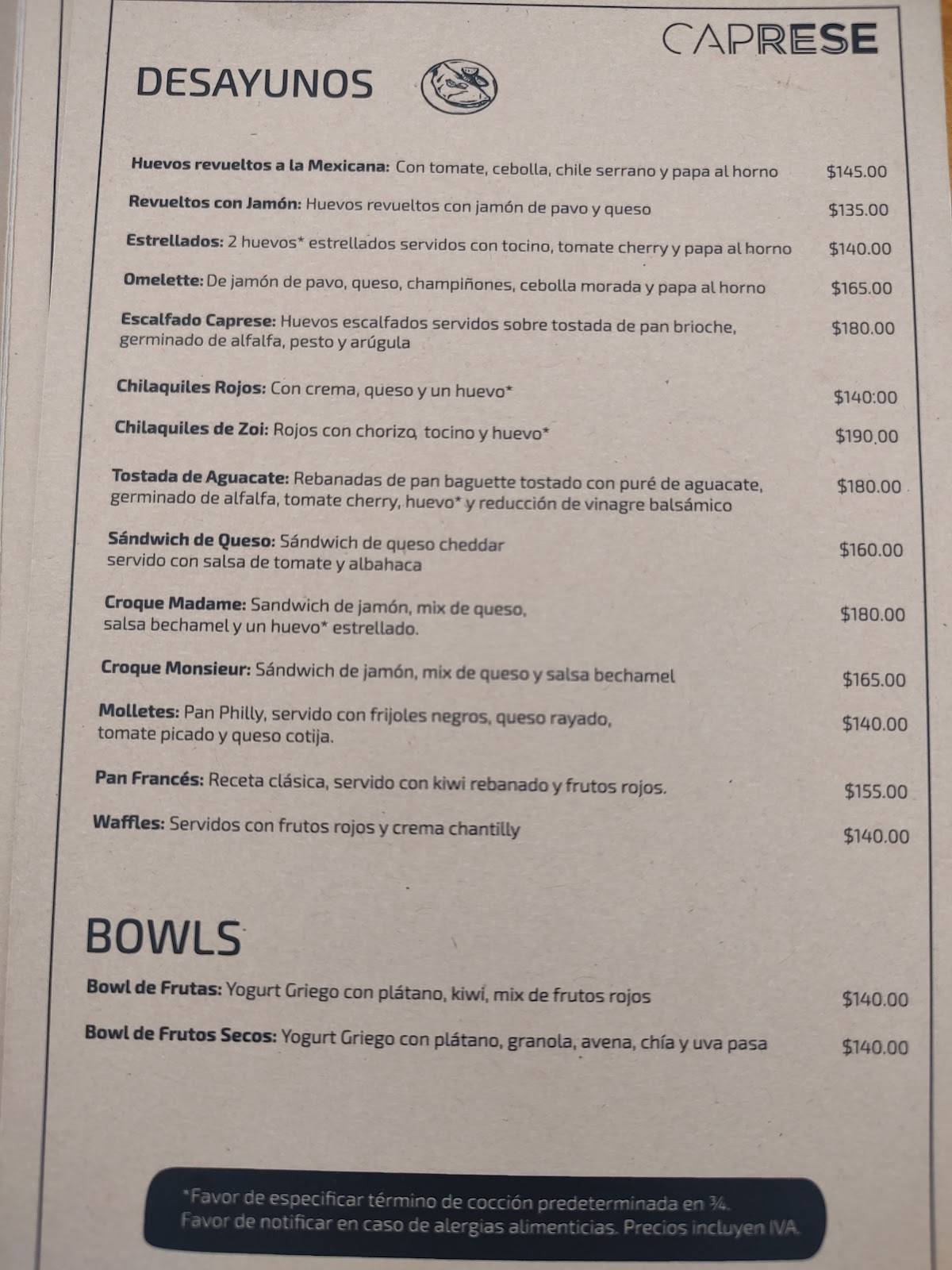 Menu at Caprese restaurant, Cabo San Lucas