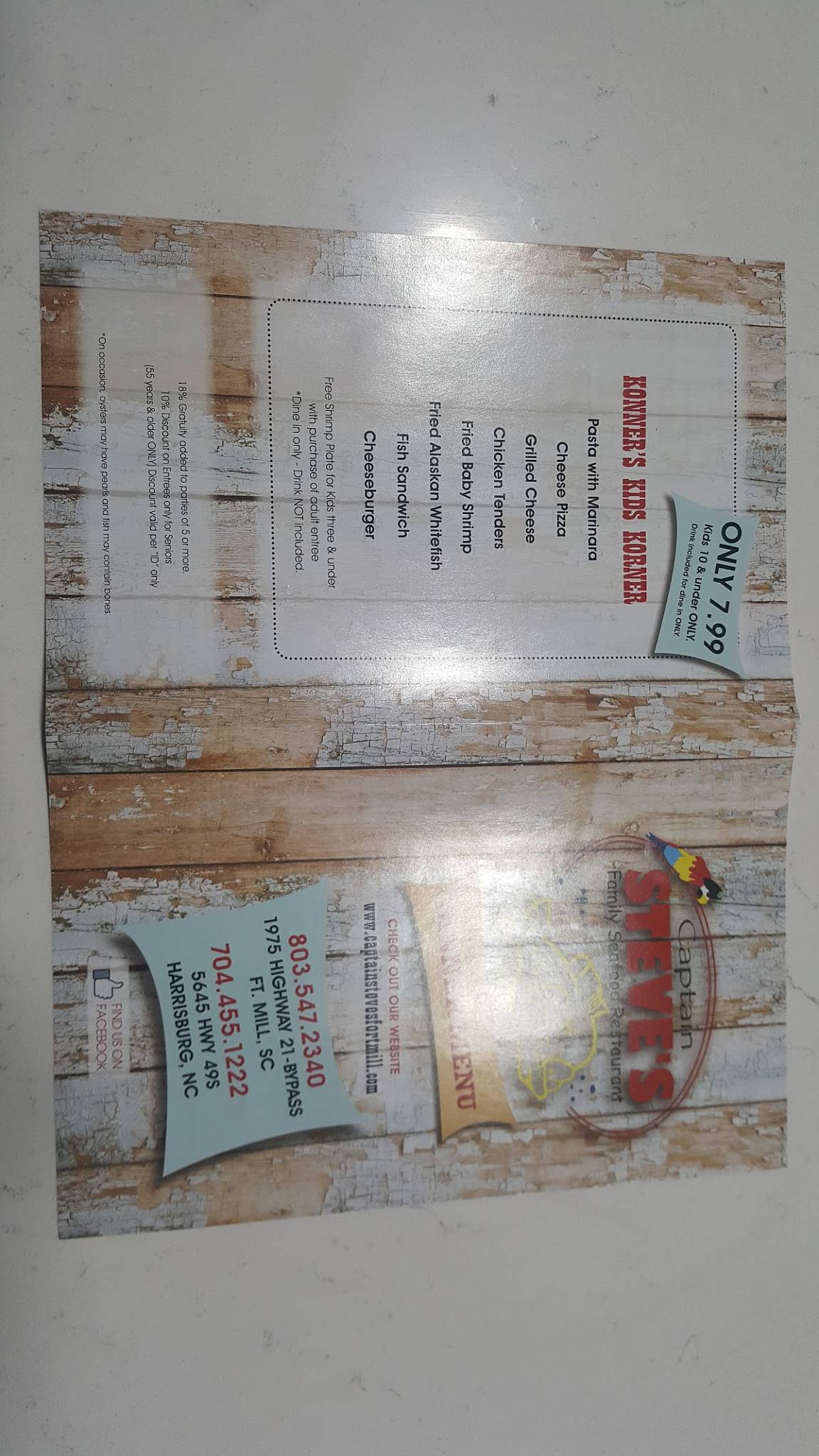 Menu at Captain Steve's Family Seafood Restaurant in Fort Mill, SC ...