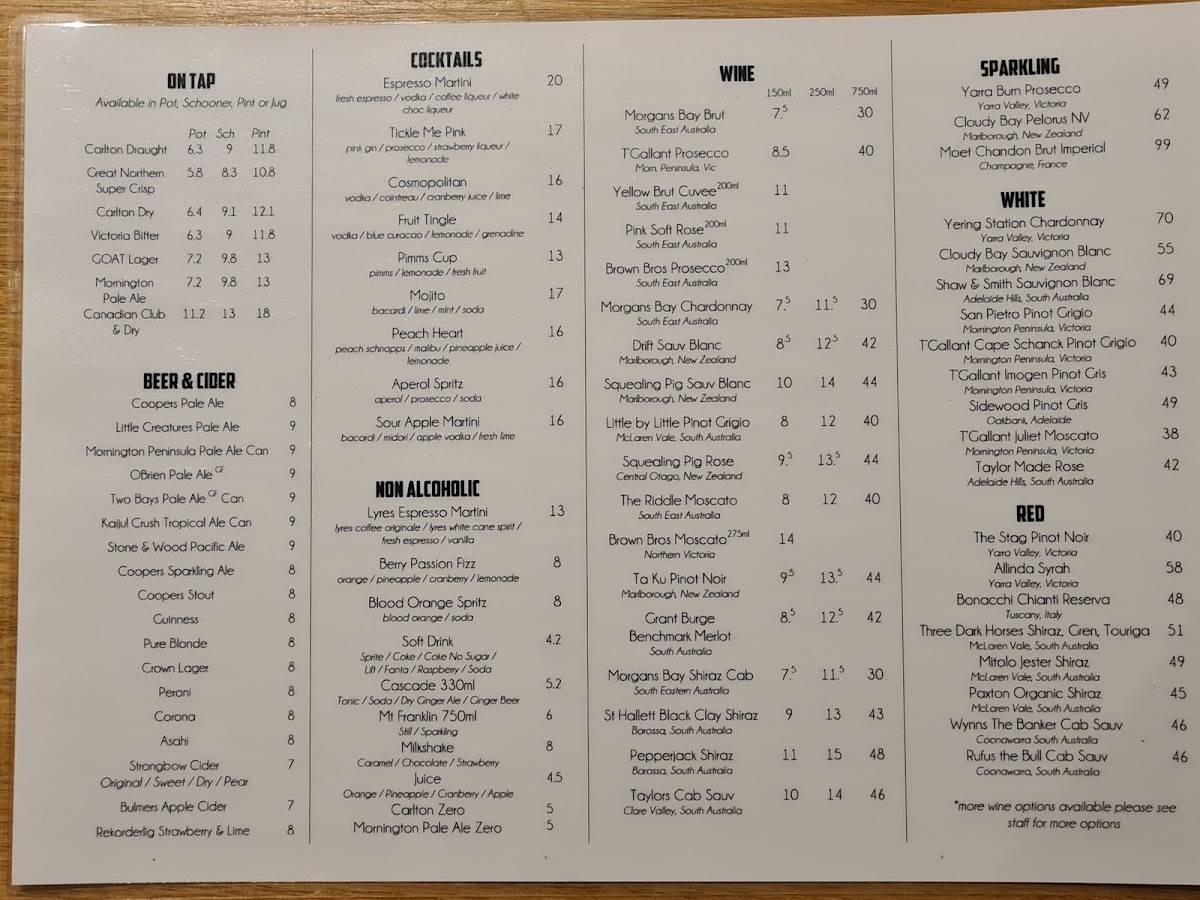 Menu at Cardinia Park Hotel restaurant, Beaconsfield