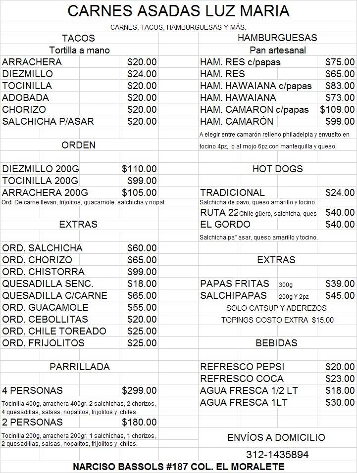 Menu at Carnes Asadas Luz Maria restaurant, Colima