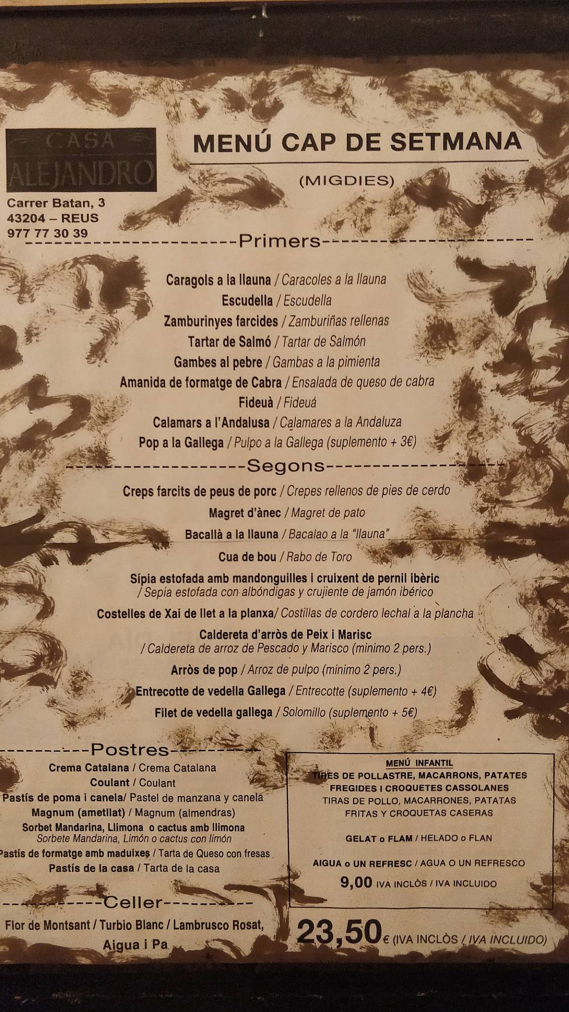 Menu at Restaurante Casa Alejandro, Reus, Carrer del Batan