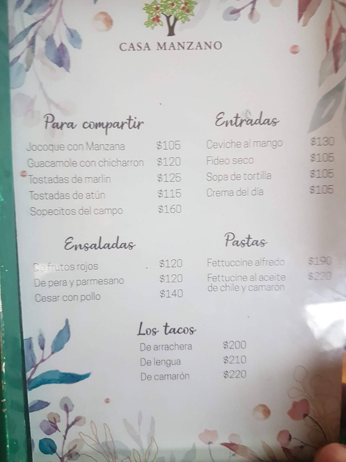 Carta de Restaurante Casa Manzano, Cuernavaca, Av Teopanzolco 400