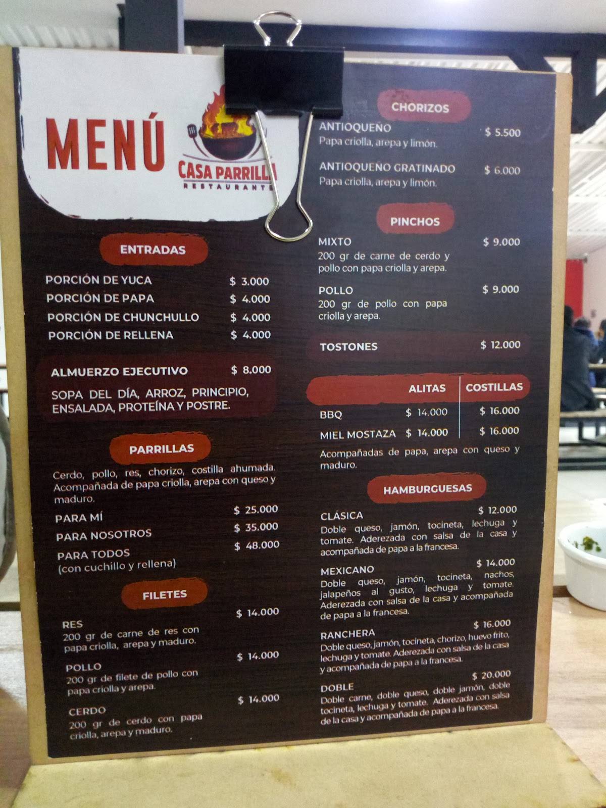Carta de Casa Parrilla Pasto, Pasto