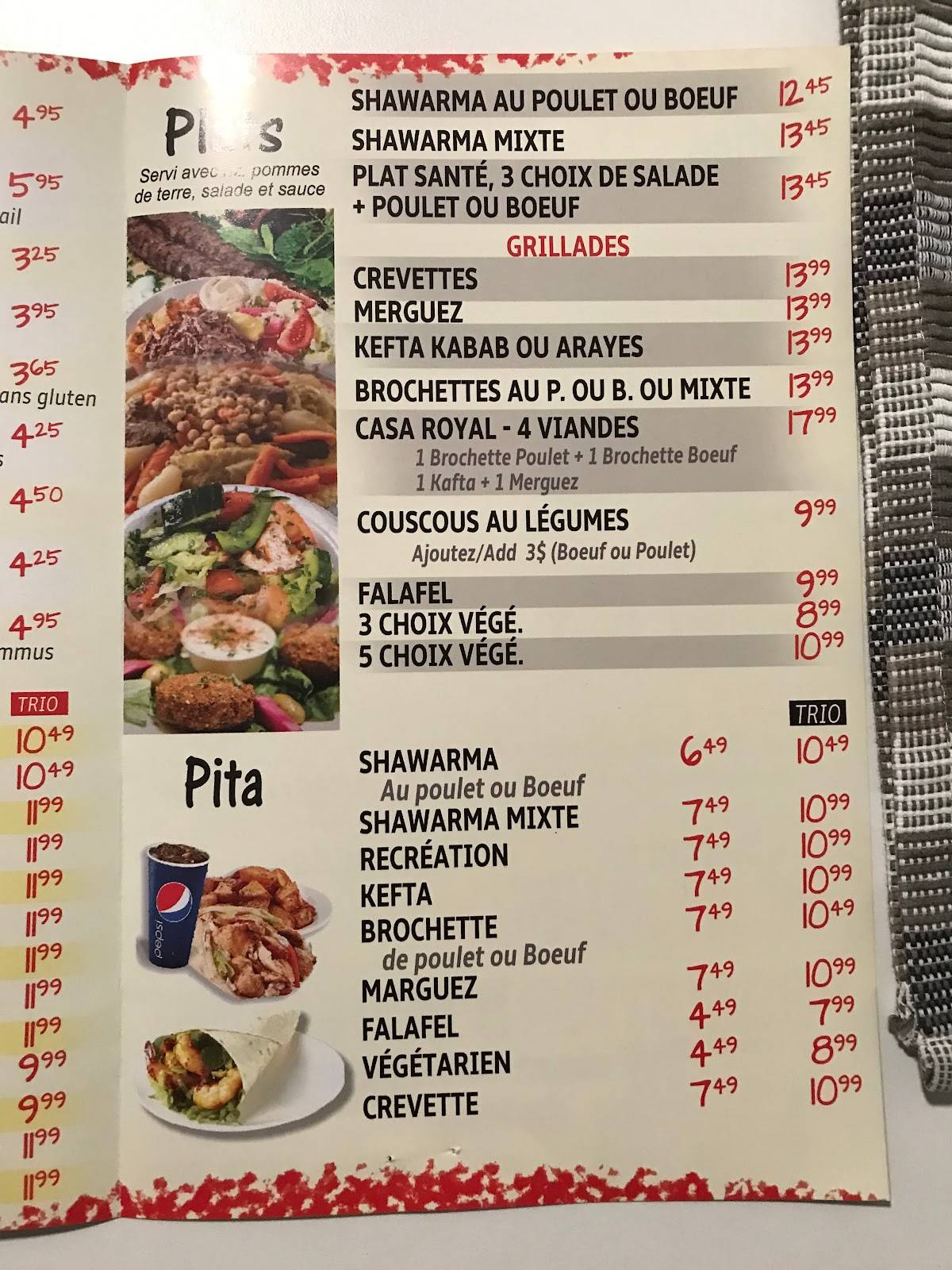 Menu au Casa shawarma restaurant, Montréal