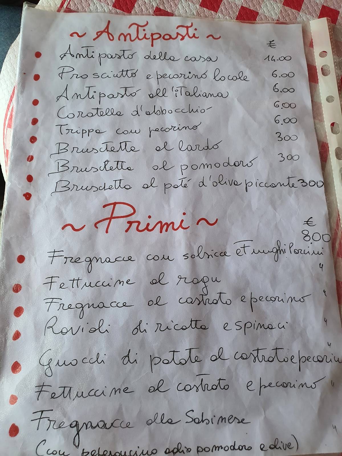 Menu da Trattoria Il Vigneto ristorante, Colle di Tora, Via Turanense