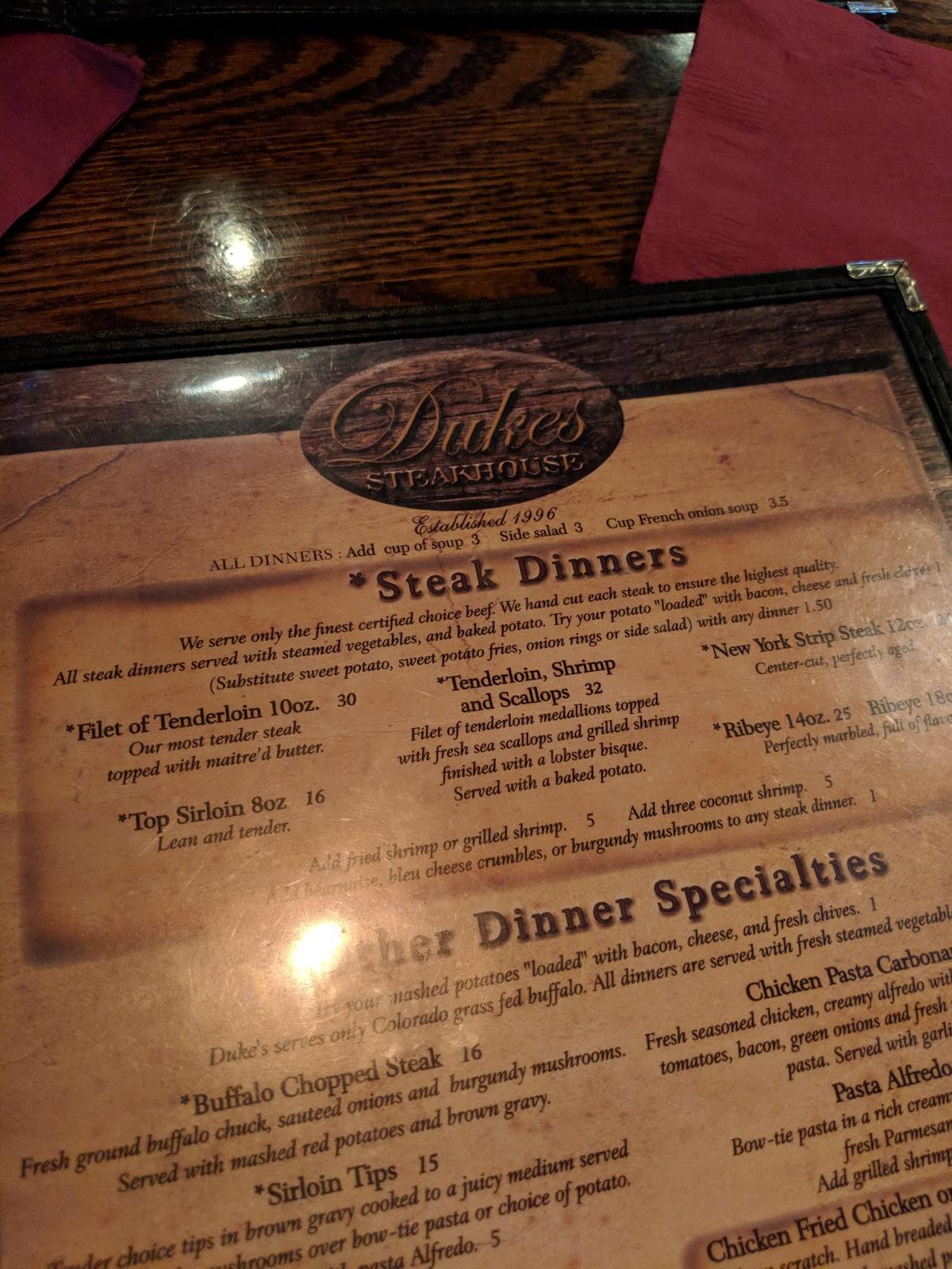 Menu at Duke's Steakhouse, Castle Pines