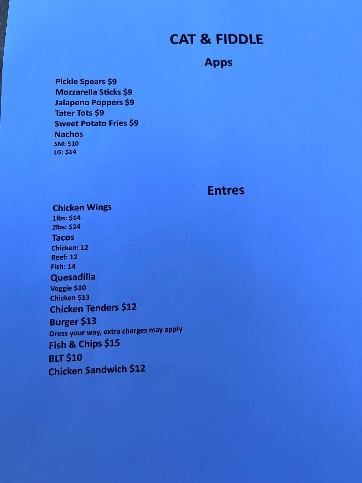 Menu at Cat & Fiddle pub & bar, Hamilton