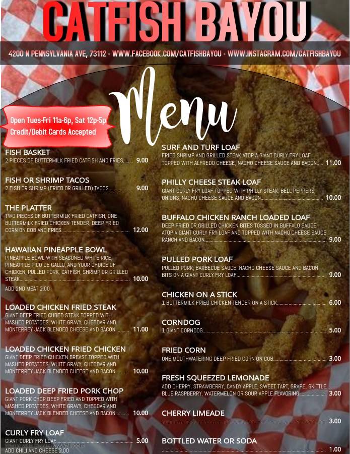 Menu at Catfish Bayou, Oklahoma City, N Pennsylvania Ave
