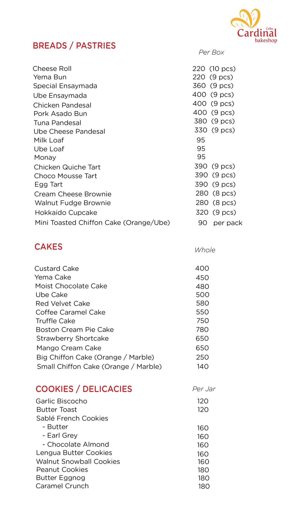 Menu at Cebu Cardinal Bakeshoppe, Cebu City