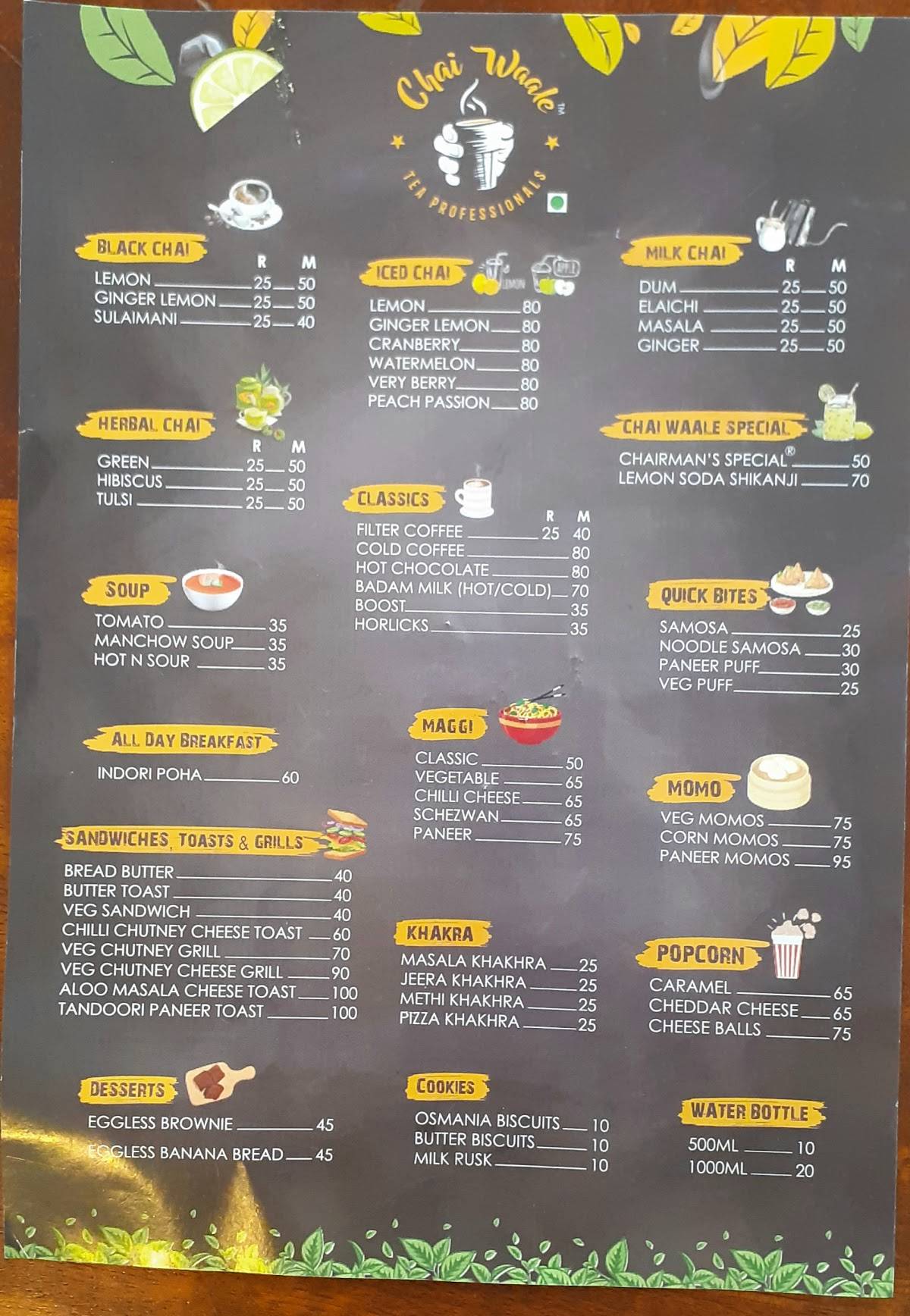 Menu at Chai Waale Ekkatuthangal, Chennai