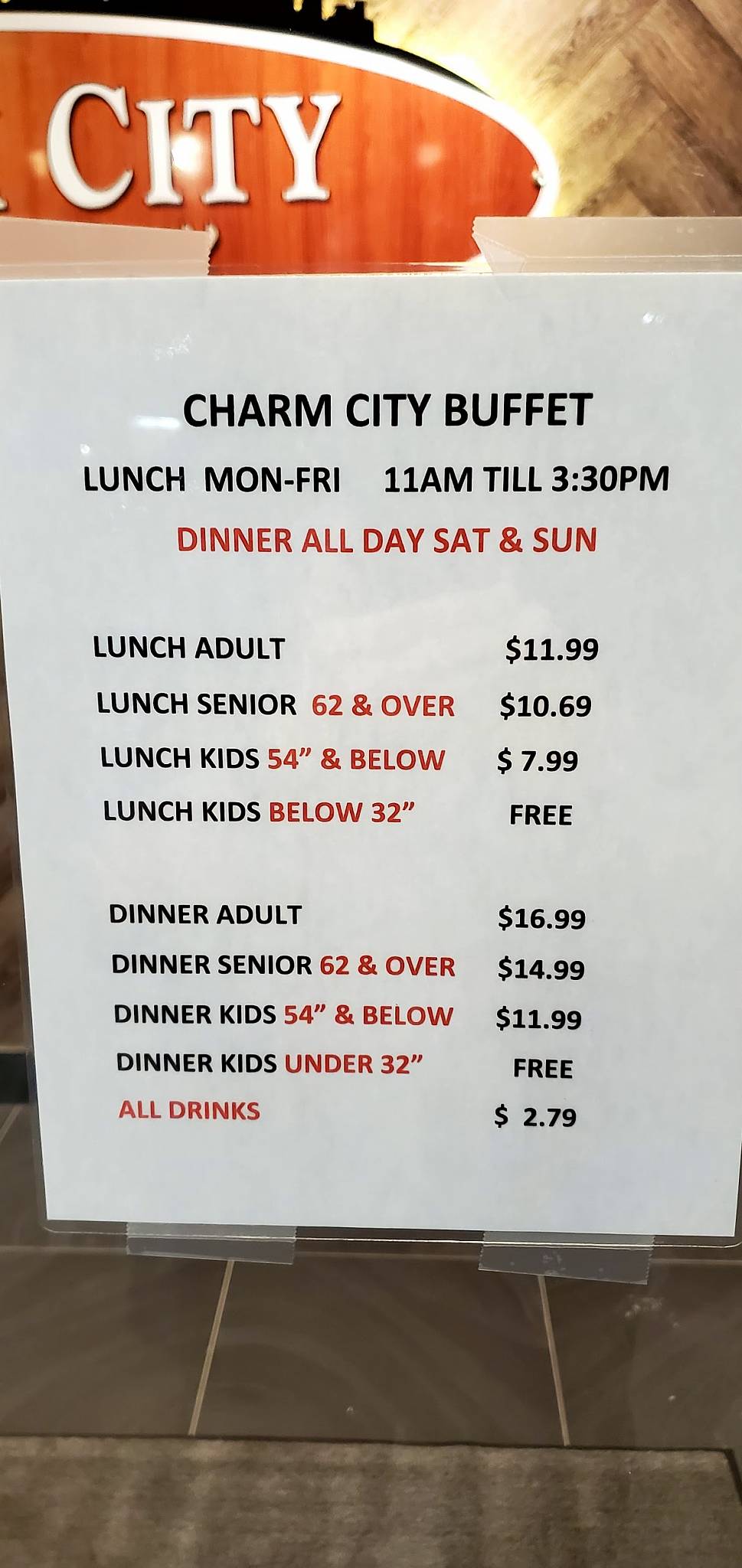 Menu at Charm City Buffet & Grill restaurant, Parkville