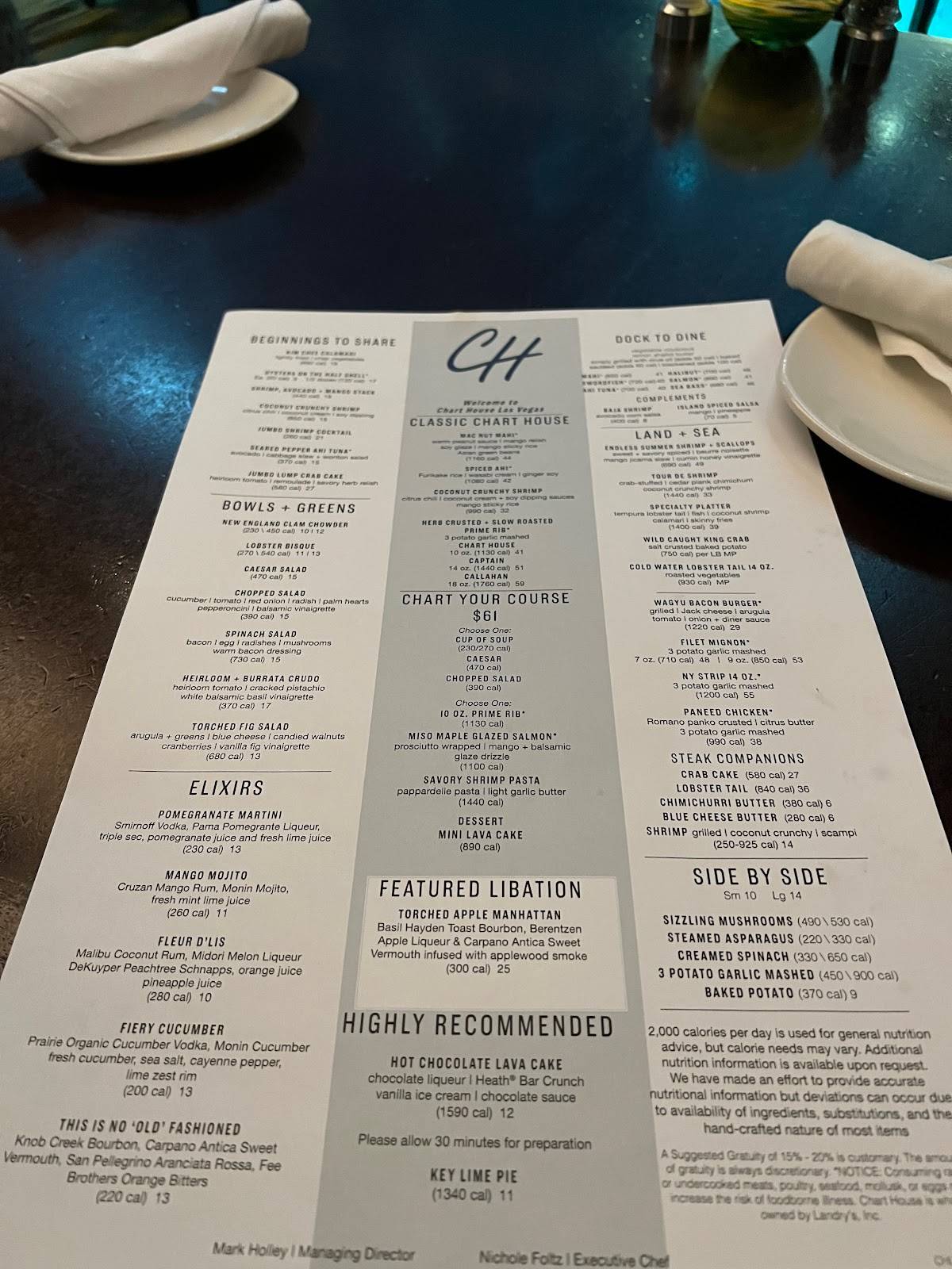 Menu at Chart House steakhouse, Las Vegas