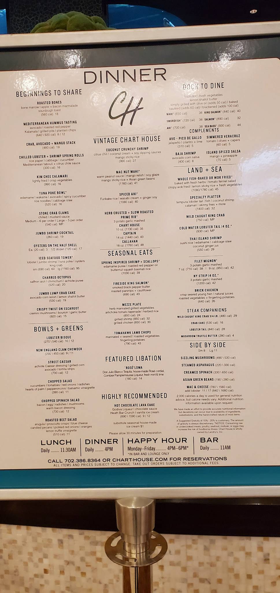 Menu at Chart House steakhouse, Las Vegas