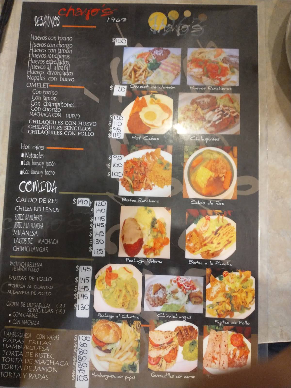 Menu at Chayo's Antojitos Mexicanos restaurant, Mexicali