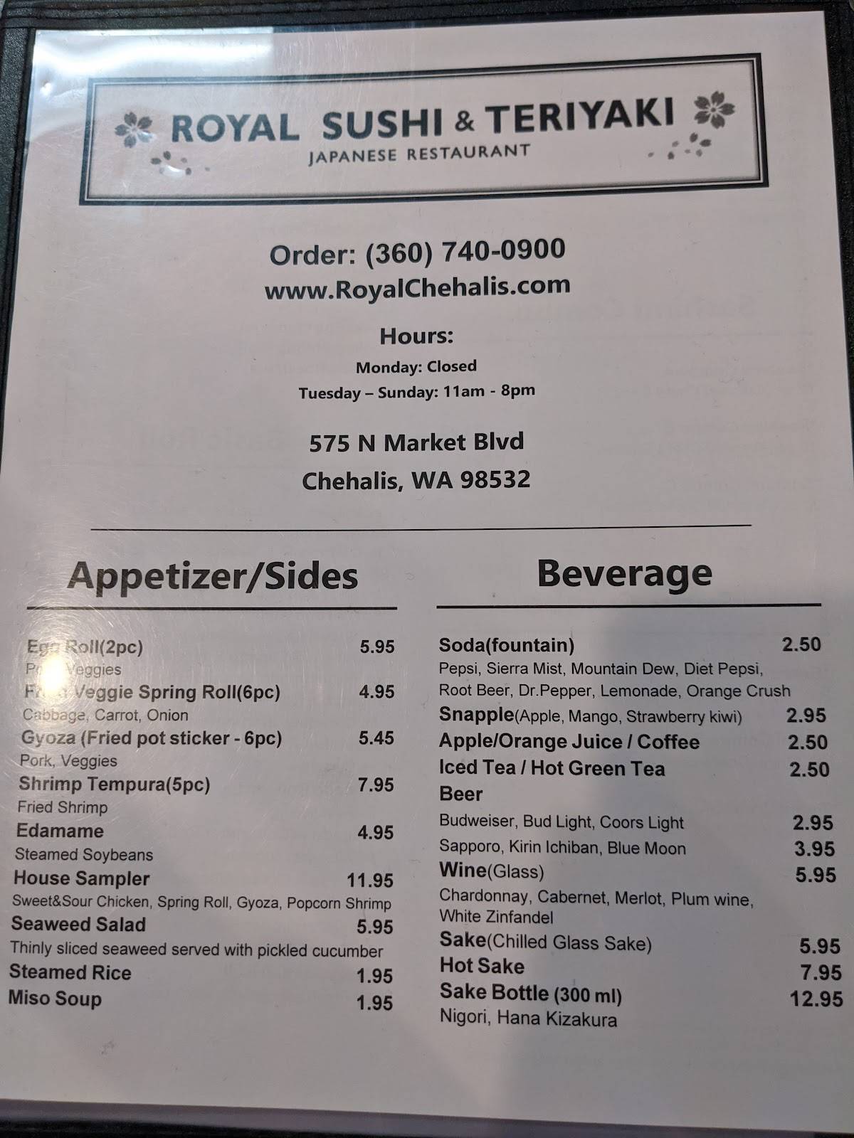 Menu at Royal Sushi & Teriyaki restaurant, Chehalis