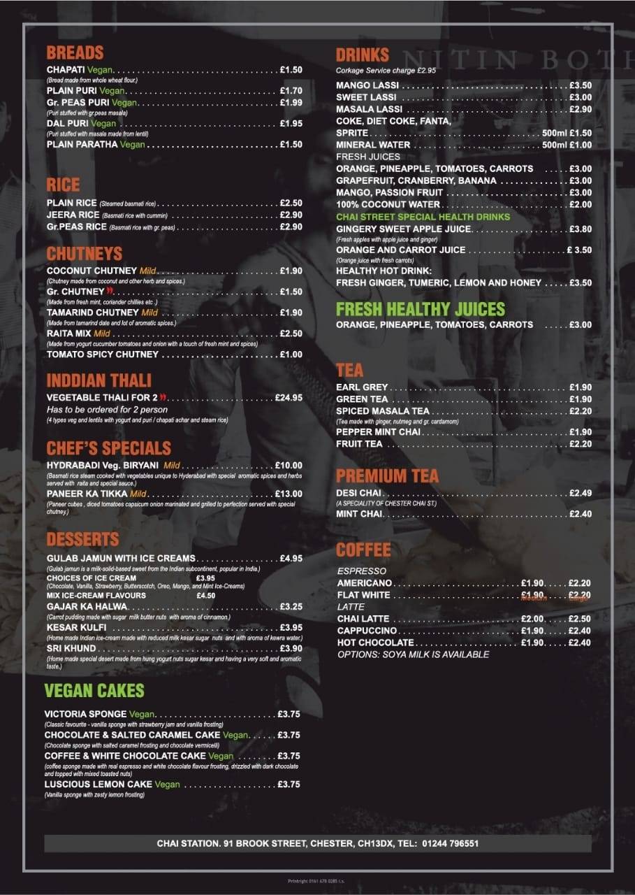 Menu at Chai Station - Vegetarian vegan Indian restaurant, Chester