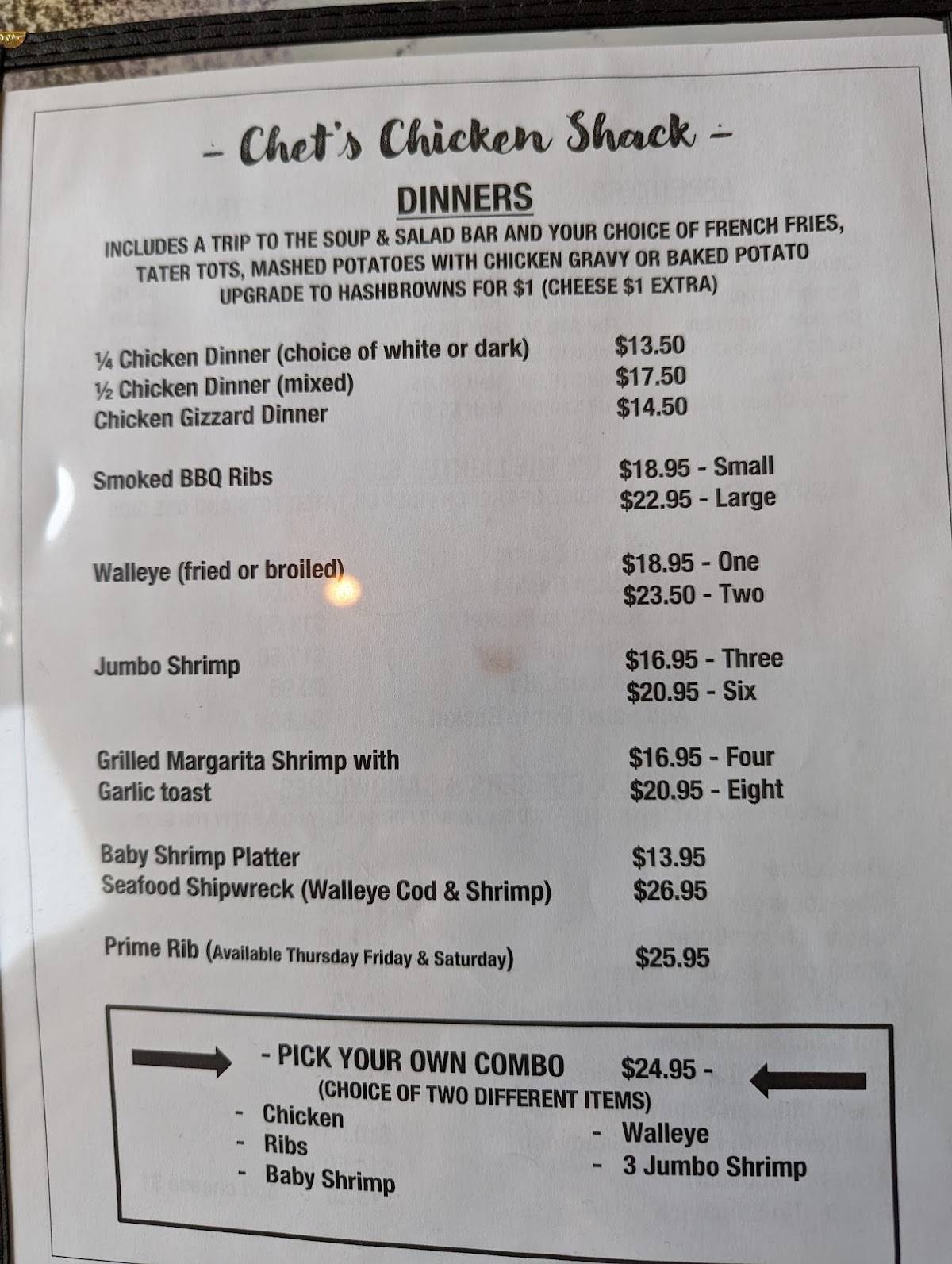 Menu at Chet's Lakeside Inn restaurant, Miltona