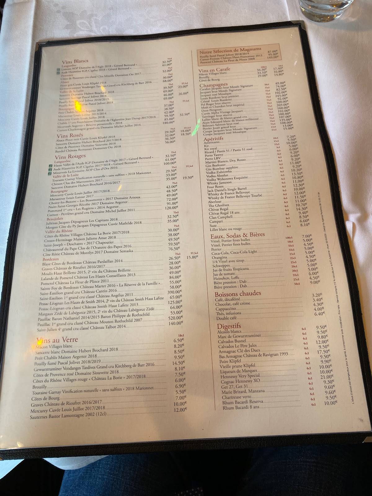 Menu at Chez André restaurant, Paris, 12 Rue Marbeuf