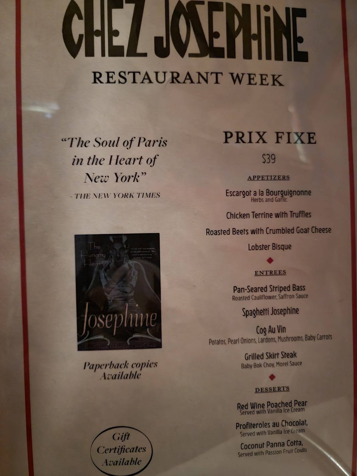 Menu at Chez Josephine pub & bar, West New York, 414 W 42nd St