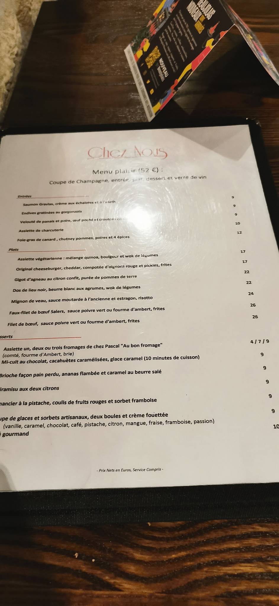 Menu au Chez Nous restaurant, Senlis