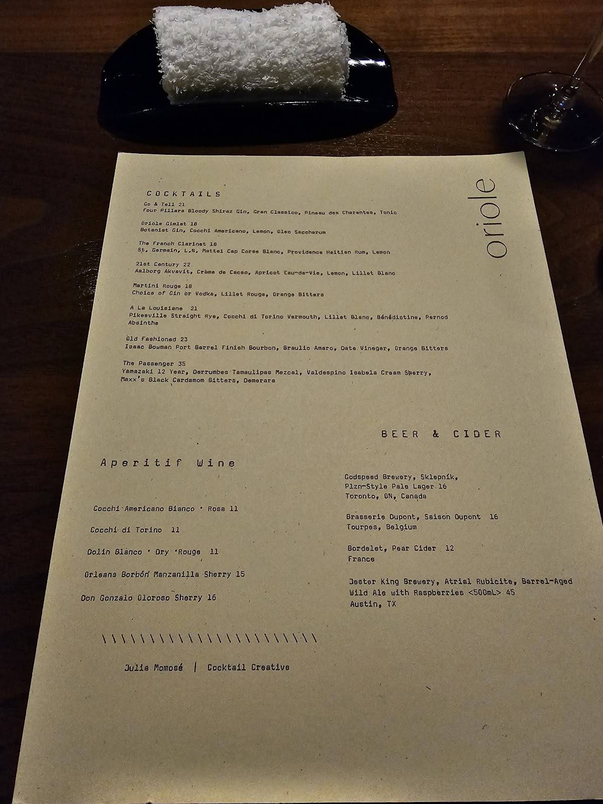 Menu at Oriole restaurant, Chicago