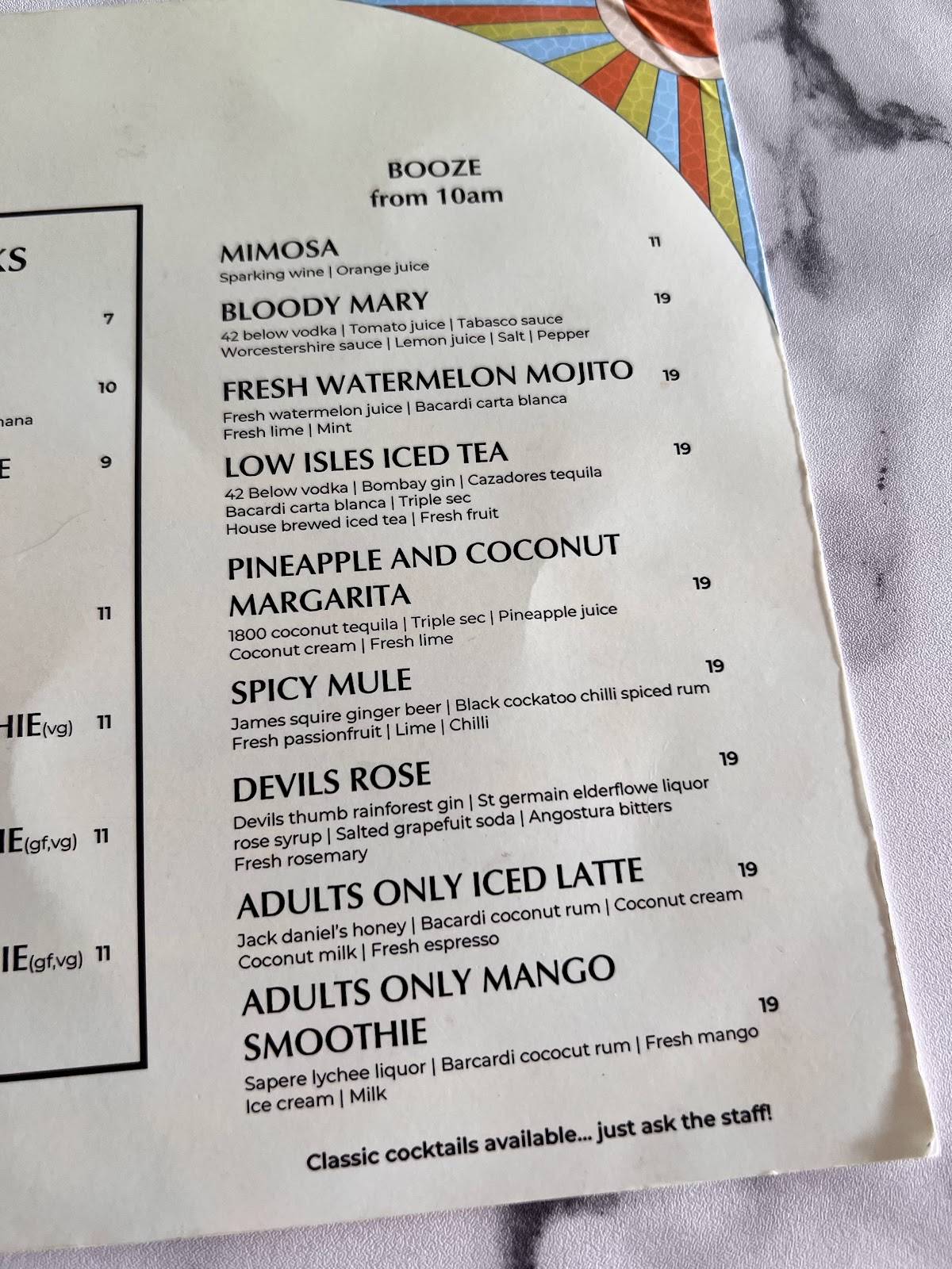 Menu at Choo Choos at the Marina restaurant, Port Douglas, 46 Wharf St