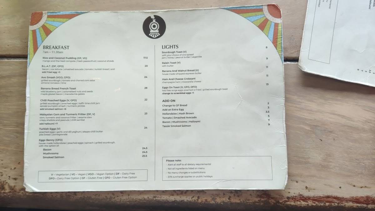 Menu at Choo Choos at the Marina restaurant, Port Douglas, 46 Wharf St