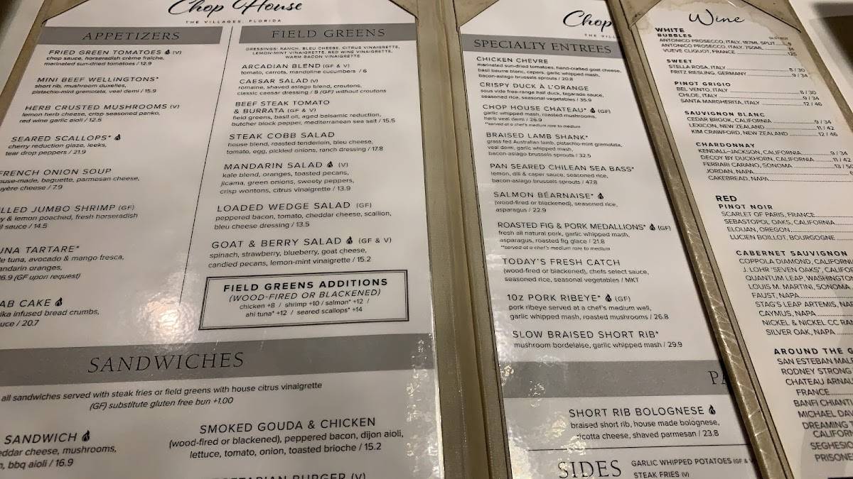 Menu at Chop House at Lake Sumter steakhouse, The Villages