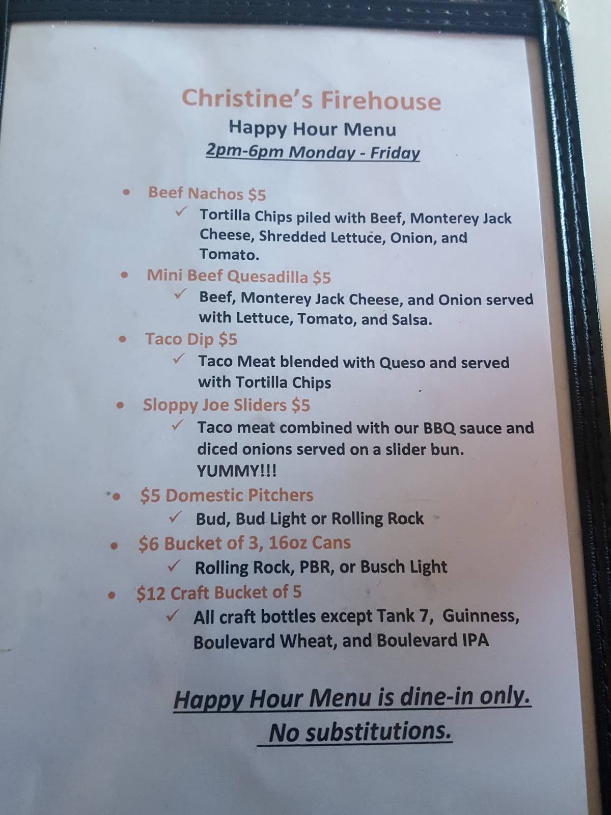 Menu at Christine's Firehouse pub & bar, North Kansas City