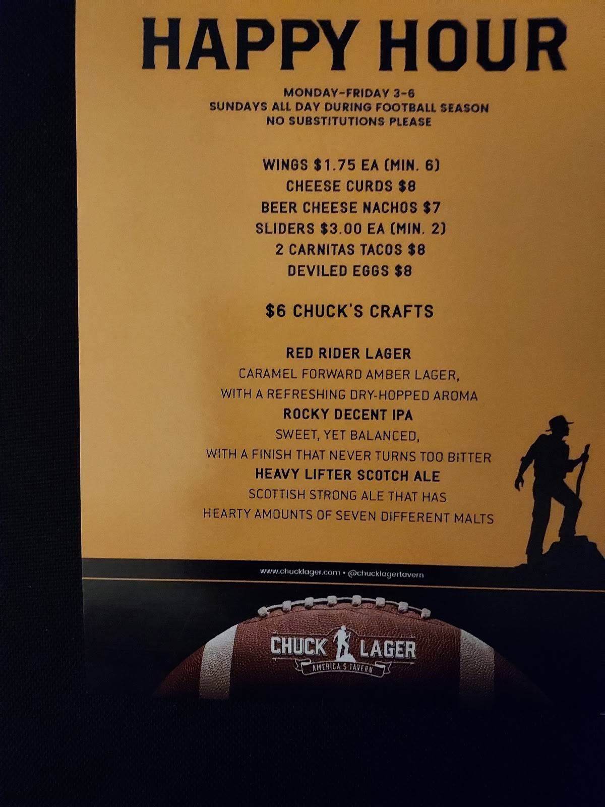 Menu at Chuck Lager America's Tavern restaurant, Pike Creek