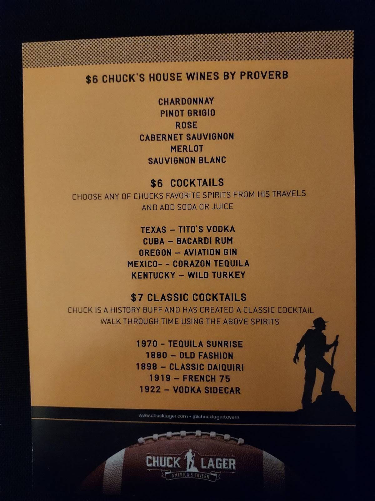 Menu at Chuck Lager America's Tavern restaurant, Pike Creek