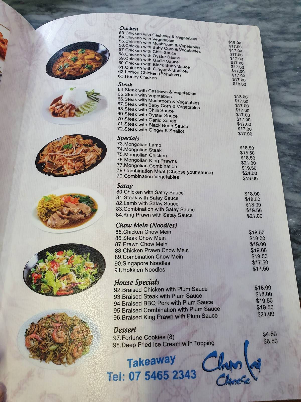 Menu at Chun Lai Chinese Restaurant, Laidley