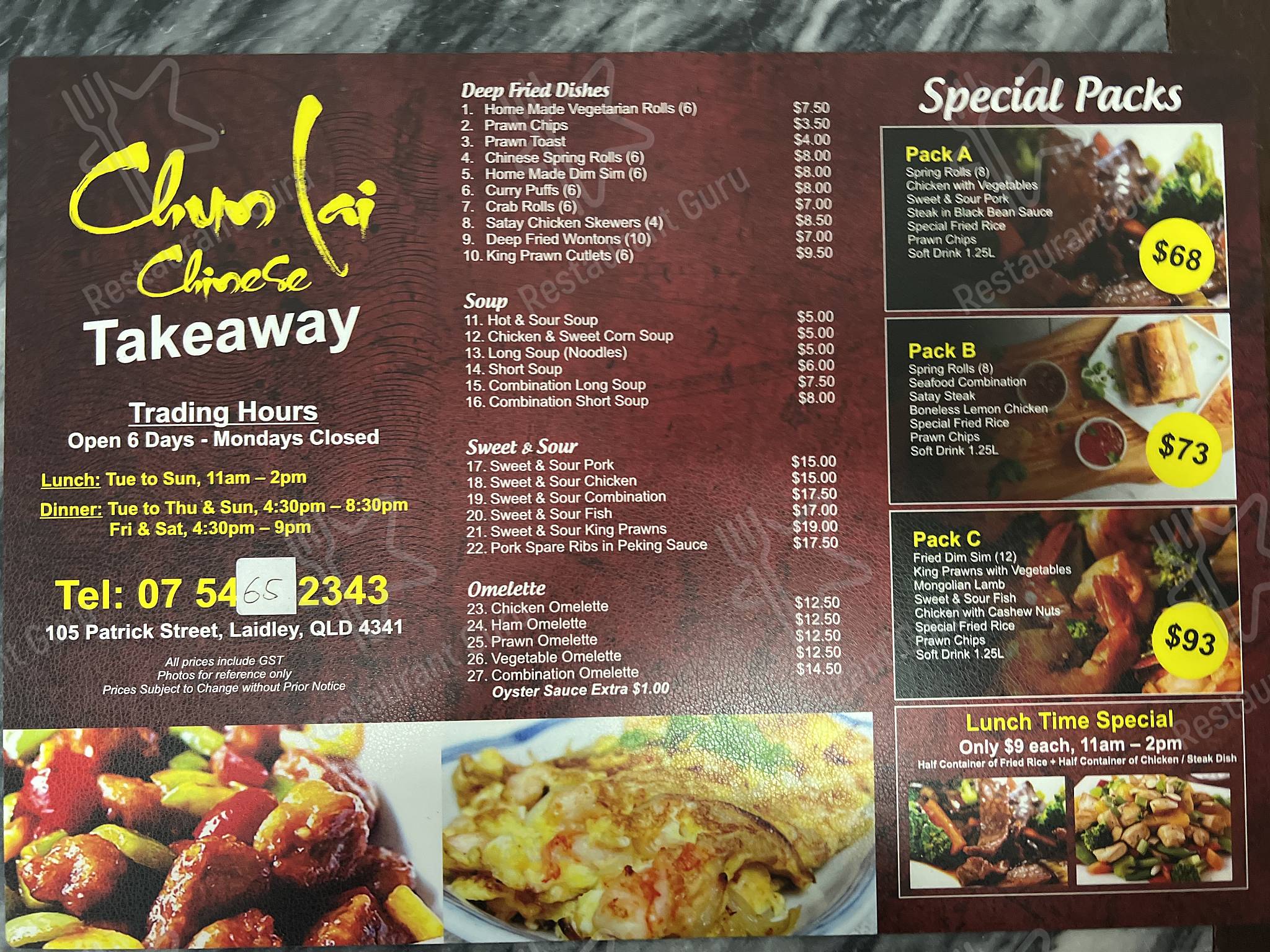 Menu at Chun Lai Chinese Restaurant, Laidley