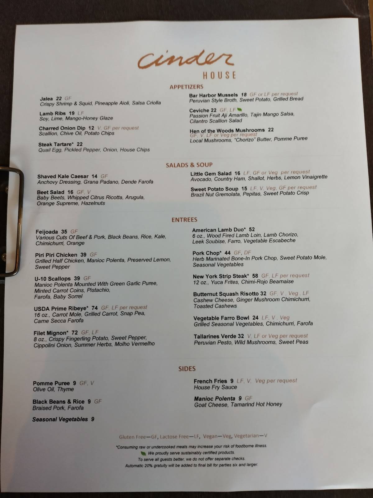 Menu at Cinder House and Bar, St. Louis, 999 N 2nd St