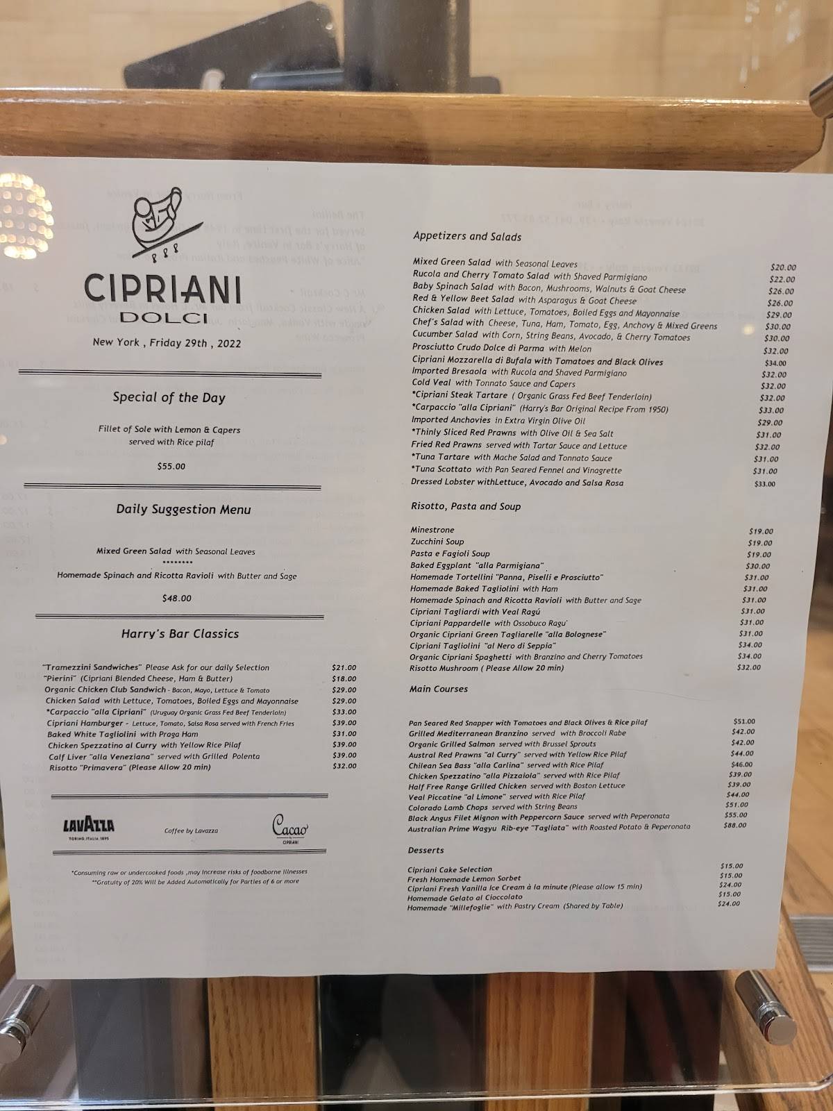 Menu at Cipriani Dolci restaurant, West New York