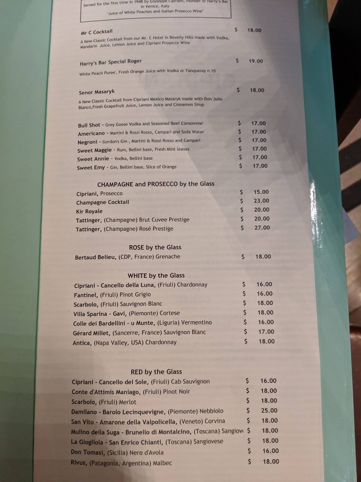 Menu at Cipriani Dolci restaurant, West New York